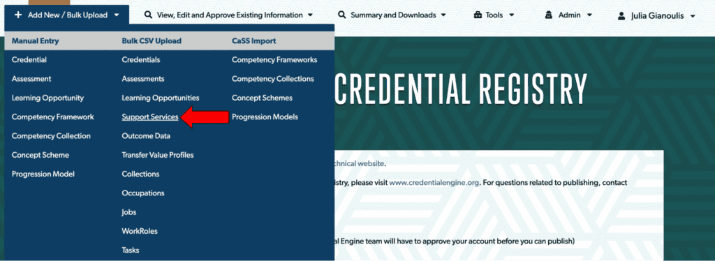 Uploading and Approving Support Service Data - Credential Registry Guidance