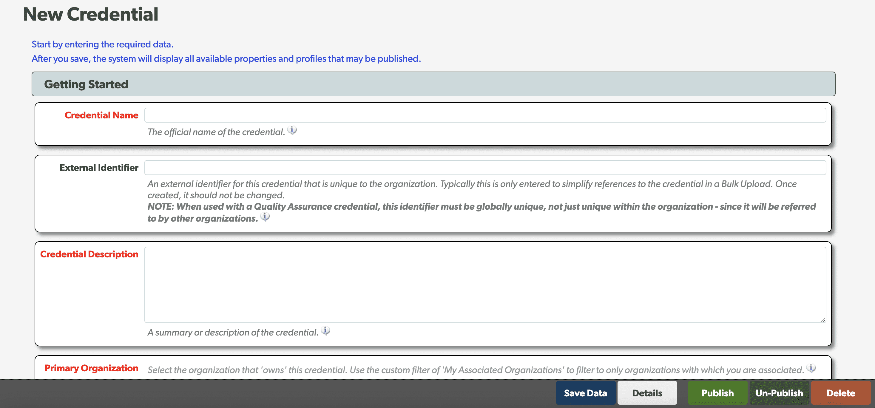 Get Started: Manual Entry - Credential Registry Guidance
