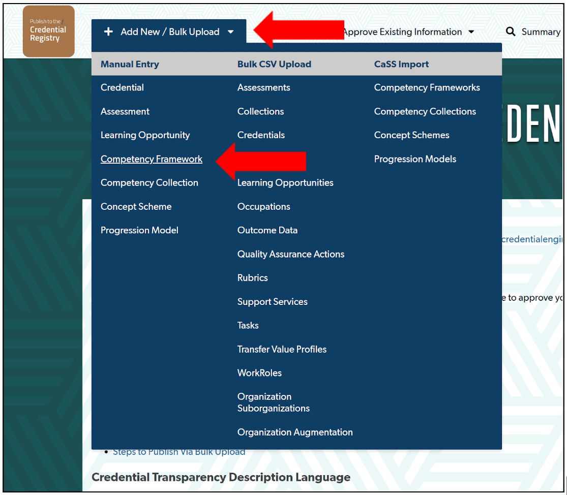 Entering Competency Framework or Competency Collection via Manual Entry ...
